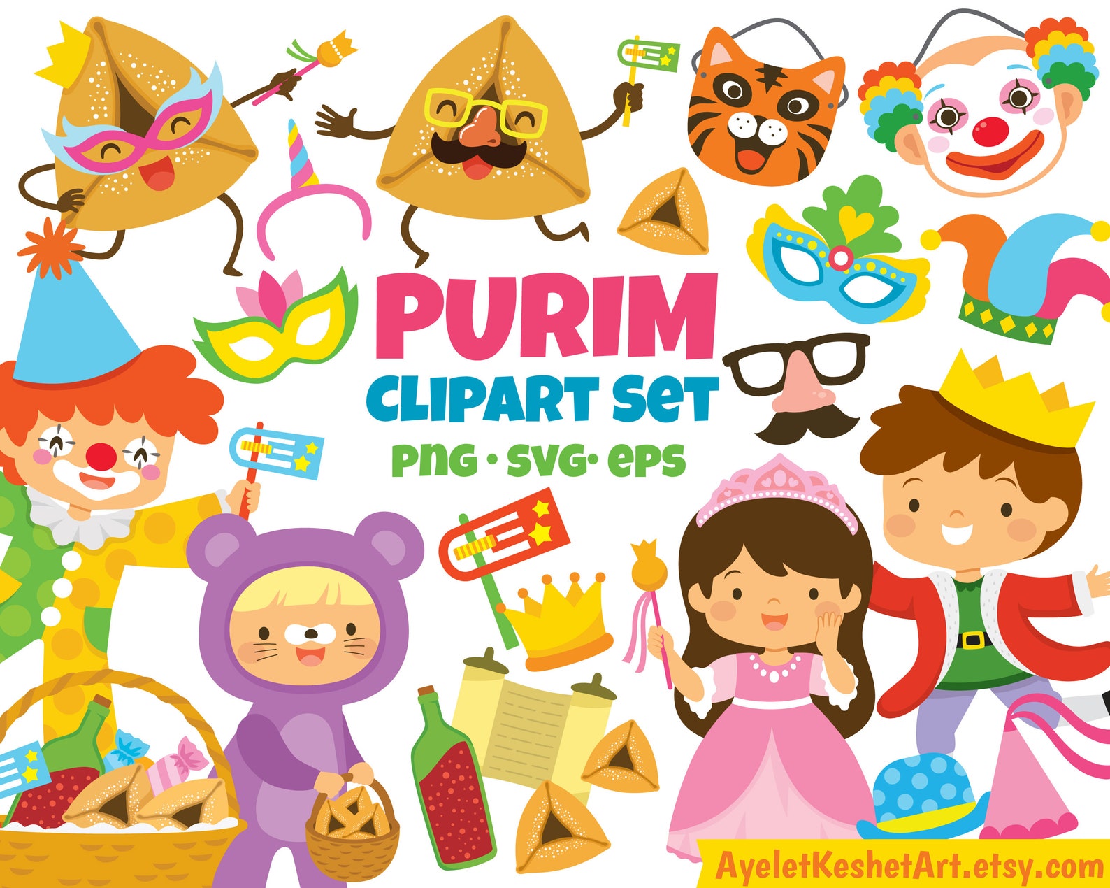 Purim Clipart Bundle. Cute Cartoons With Purim Symbols and Kids, for ...