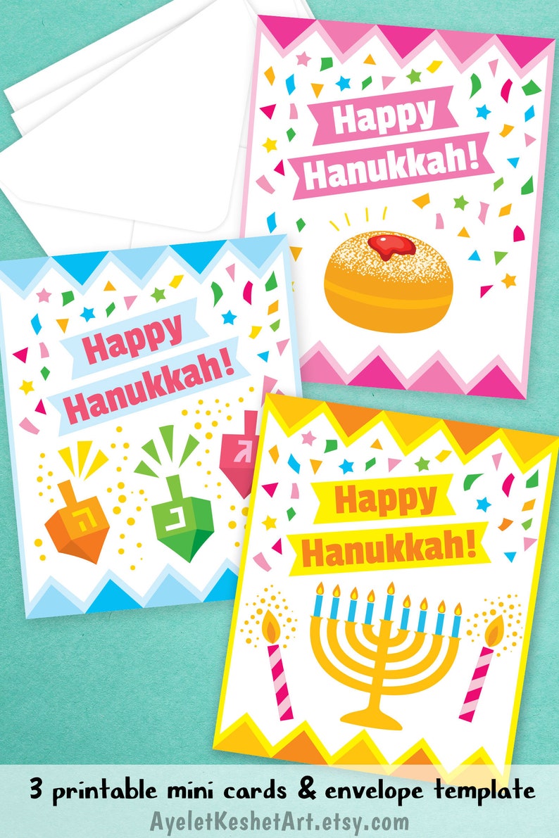 Printable Happy Hanukkah Cards. Set of 3 Mini Cards & Envelope - Etsy