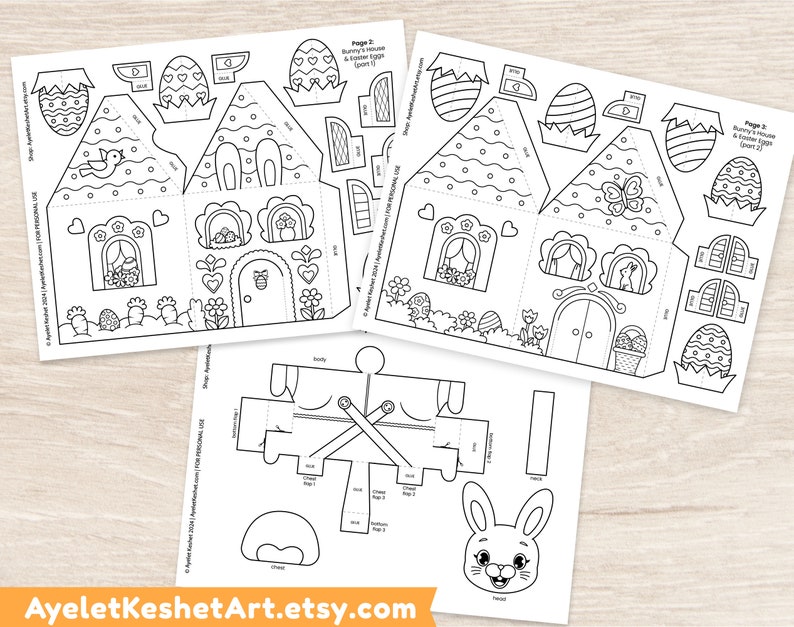 Easter Bunny Paper Craft With a House and Easter Eggs. Printable Easter ...