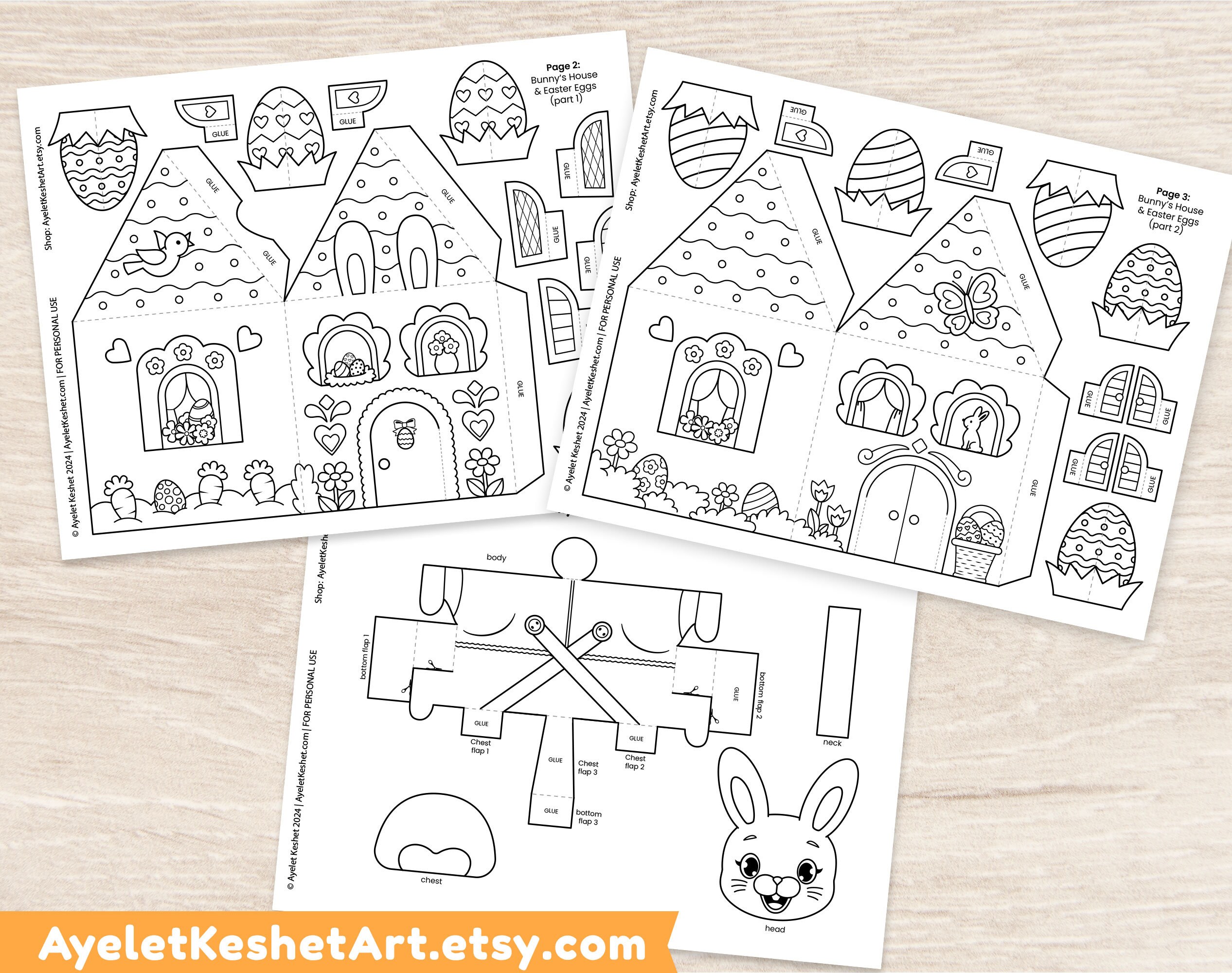 Easter Bunny Paper Craft With a House and Easter Eggs. Printable Easter ...