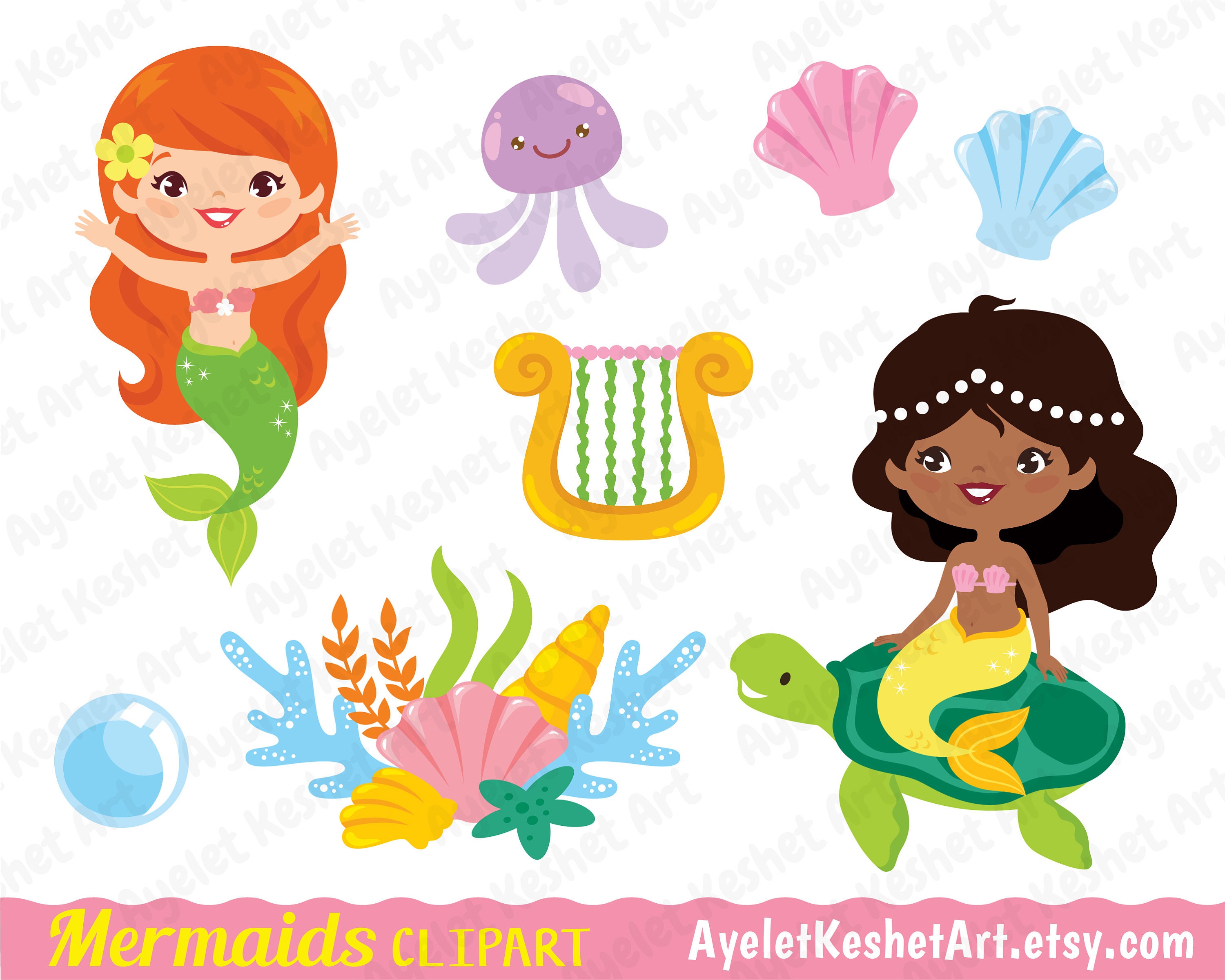 Mermaids Clipart Bundle. Cute Mermaids and Mermen in a Magical Sea ...
