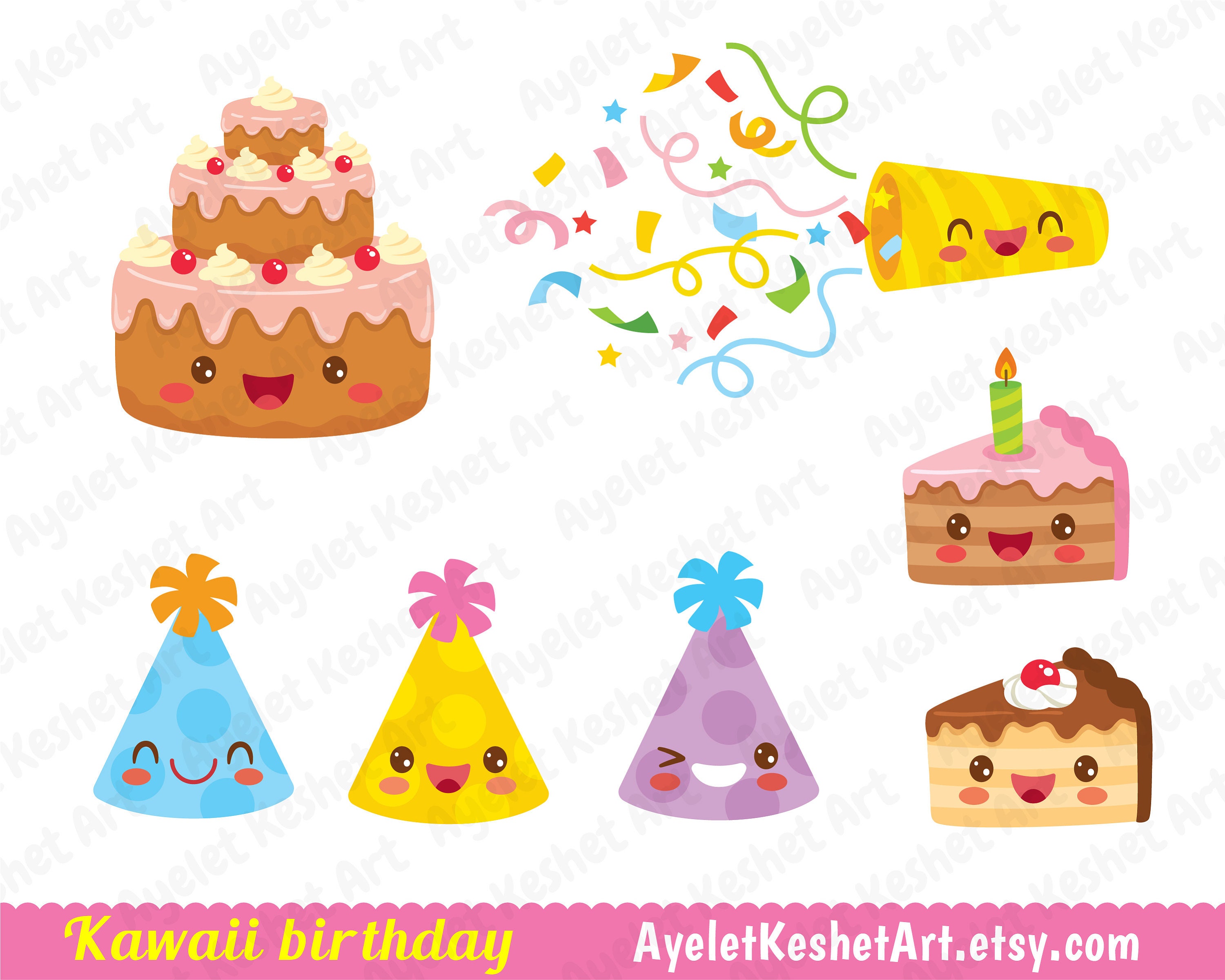 Kawaii Birthday Clipart Set. Cute Kawaii Characters of - Etsy