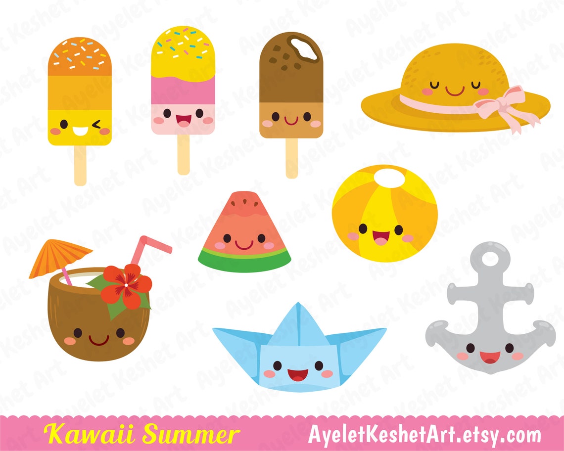 Summer Clipart Set With Cute Kawaii Cartoon Characters. 34 - Etsy UK