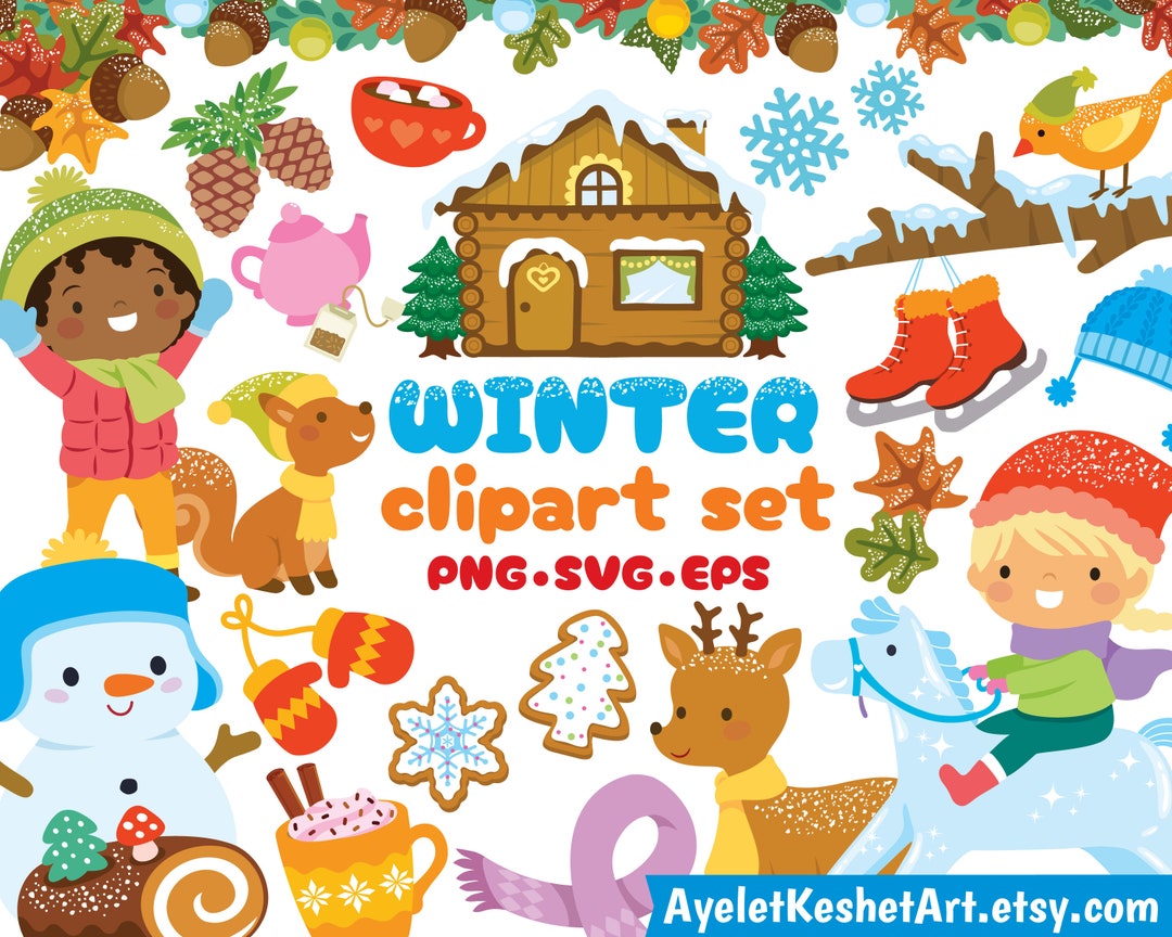Winter Clipart Set - Cute Kids, Woodland Animals, Snow and Everything ...