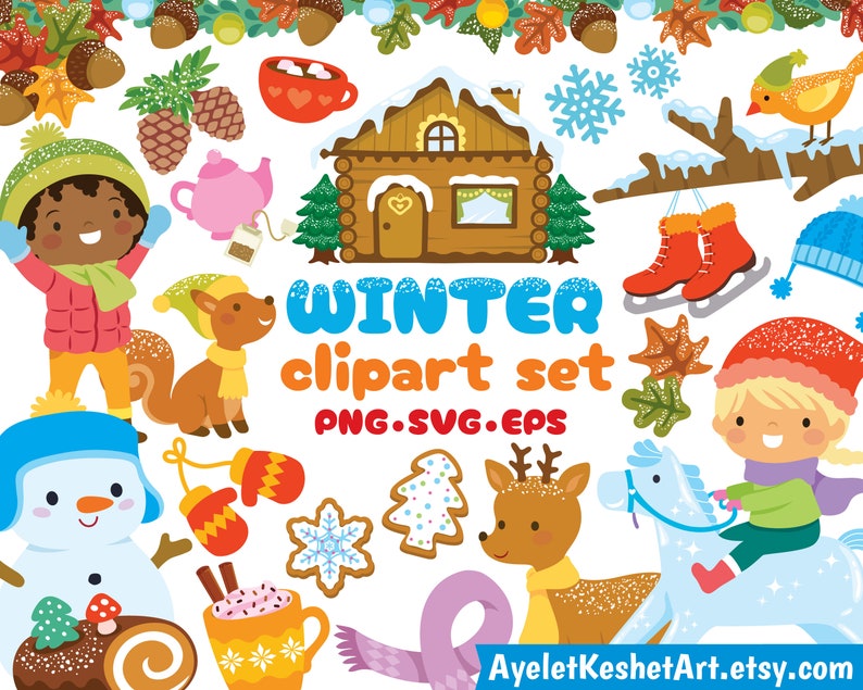 Winter Clipart Set Cute Kids, Woodland Animals, Snow and Everything for ...