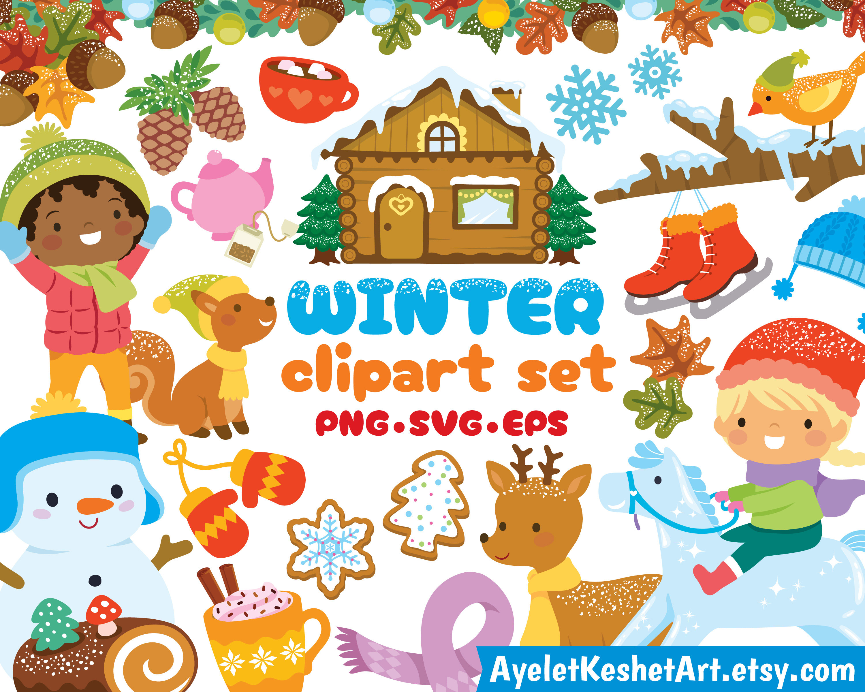 Winter Clipart Set Cute Kids, Woodland Animals, Snow and Everything for ...