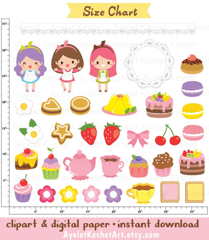 Digital Clip Art Set and Digital Paper Cute Tea Party. Kawaii Clip Art ...