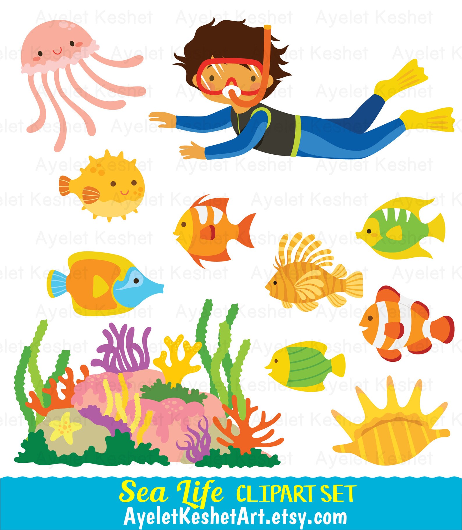 Sea Life Clipart Set. Ocean Animals and Summer Clipart Bundle for ...