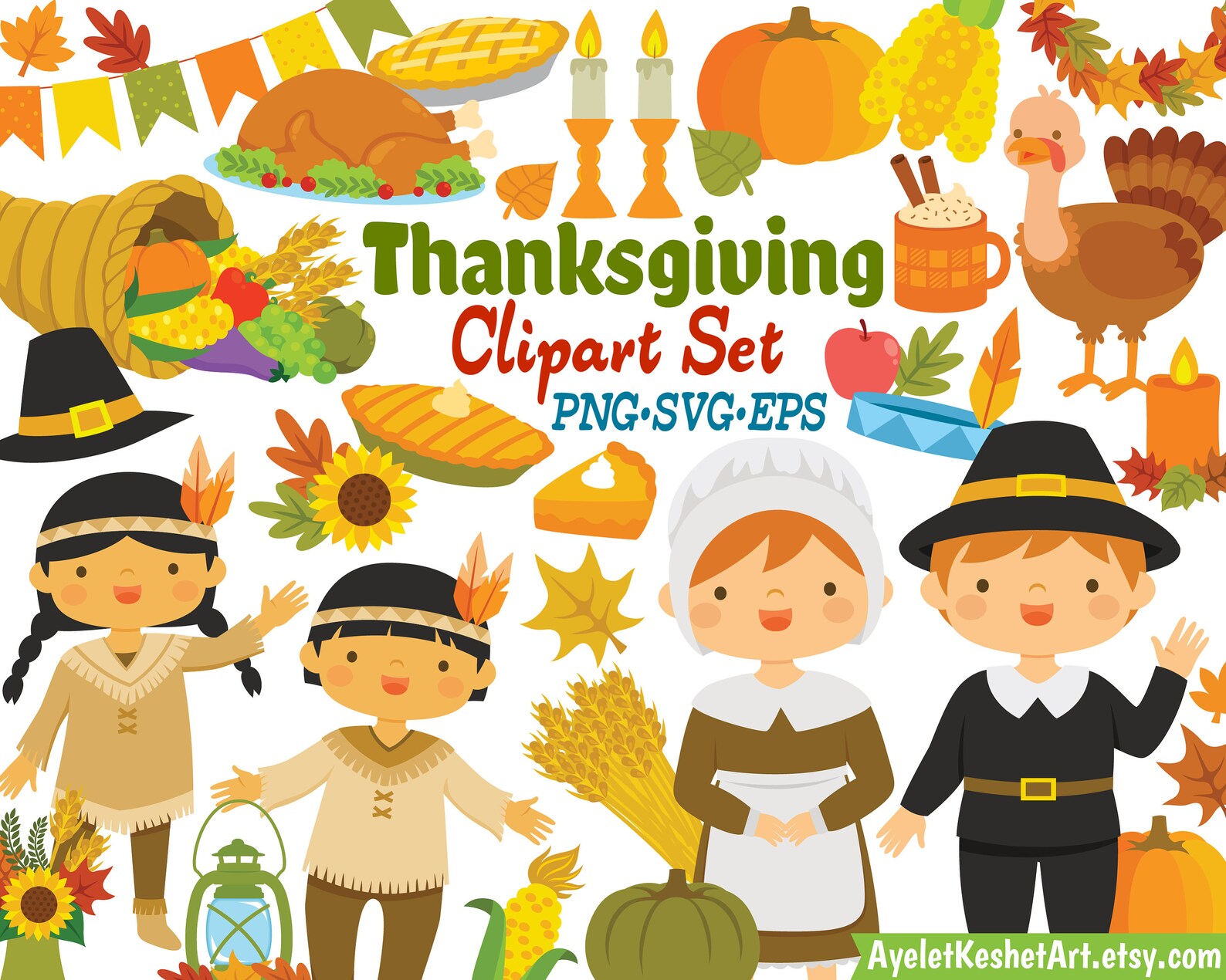 Thanksgiving Clipart Set With Natives and Pilgrims Autumn - Etsy Israel