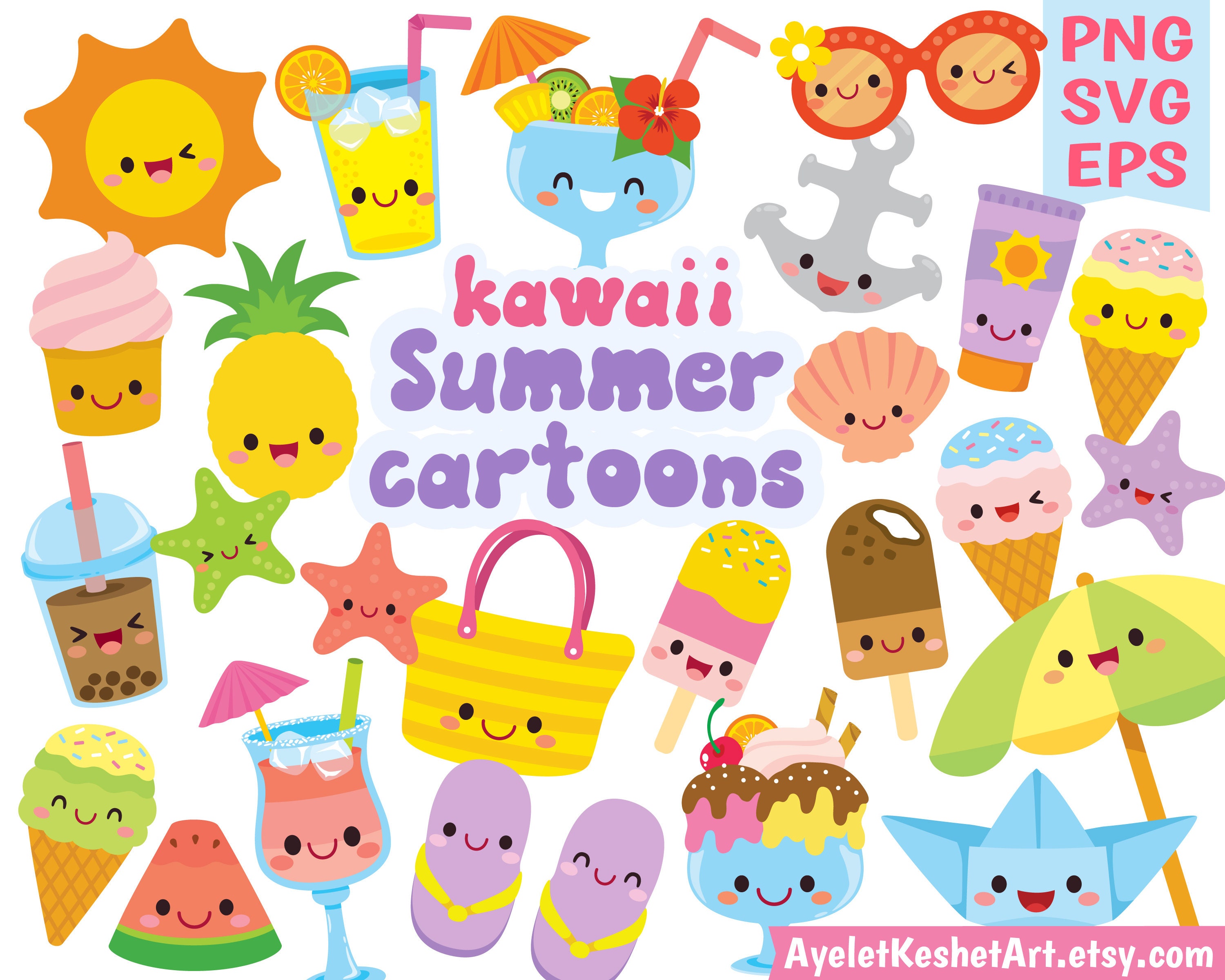 Summer Clipart Set With Cute Kawaii Cartoon Characters. 34 Digital ...