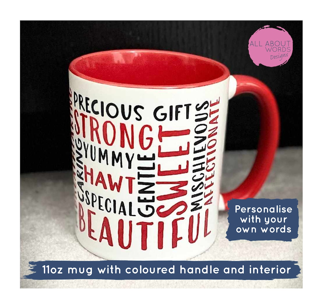 Personalised Word Art Coloured Gift Mug White and Coloured Combo Style ...