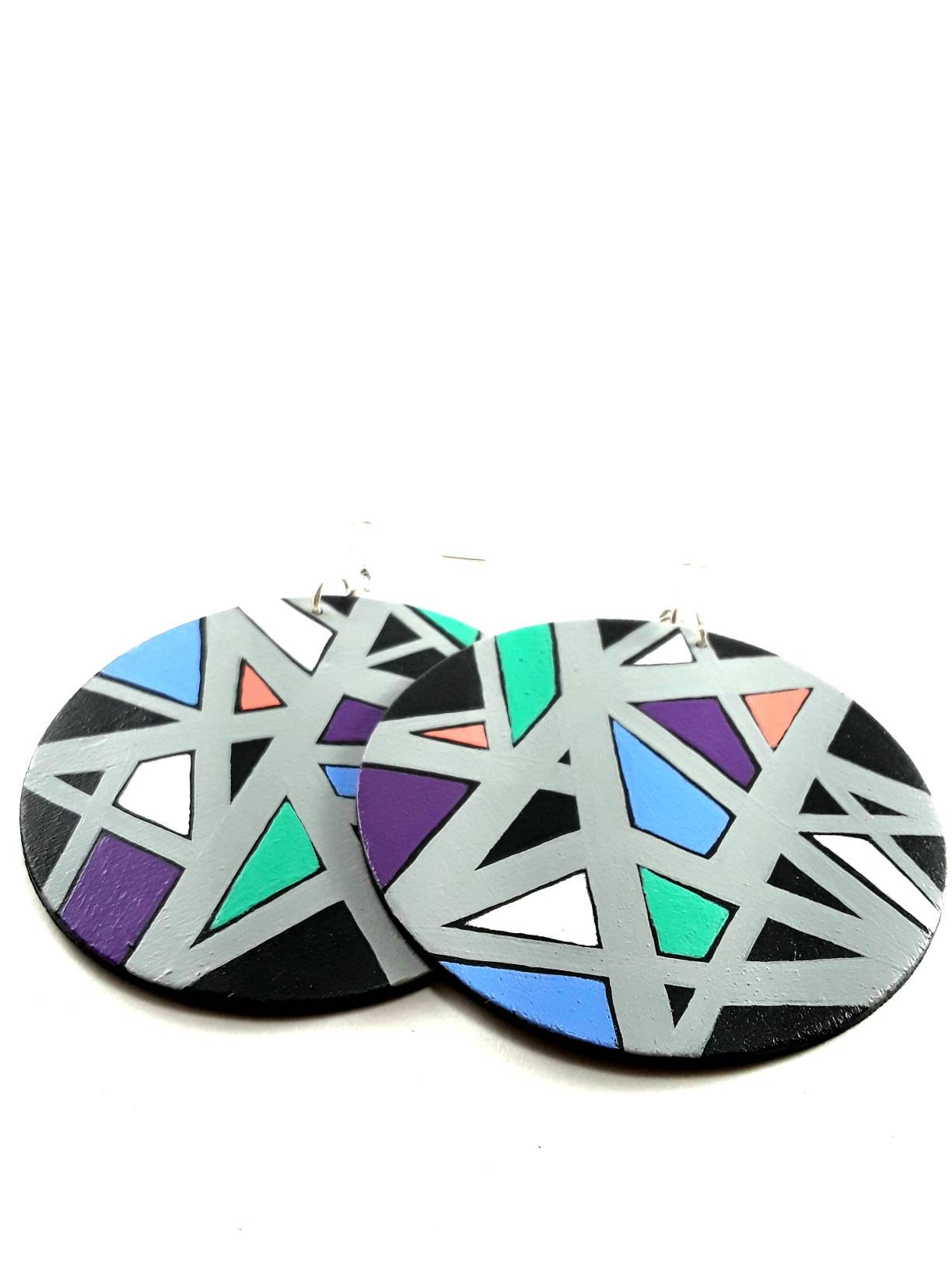 Big 80's New Wave Geometric Catwalk Couture Glam Hand Painted Earrings ...