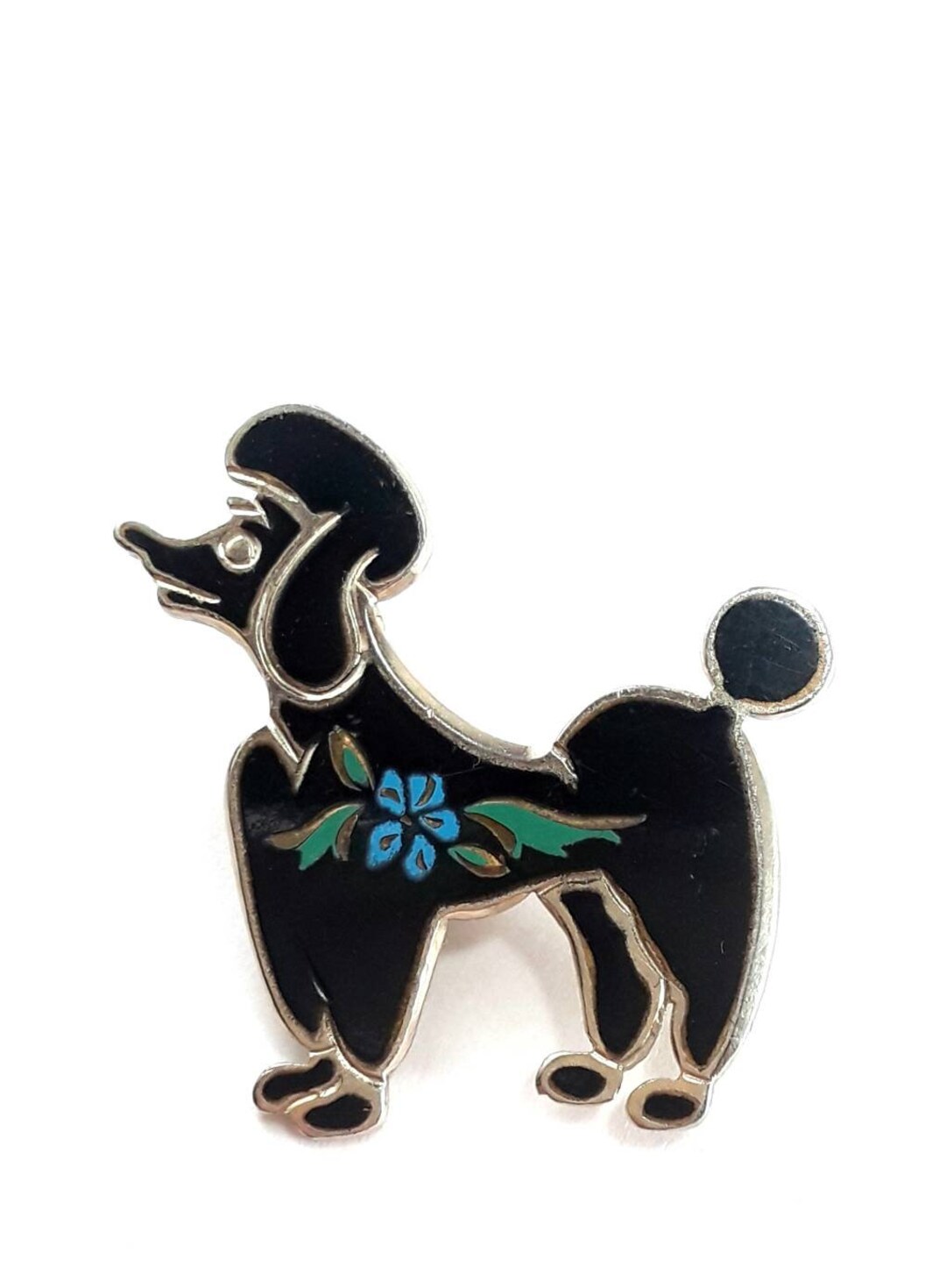Vintage 1950s Black Enamel Pompom Poodle Pin With Etched Blue Painted ...