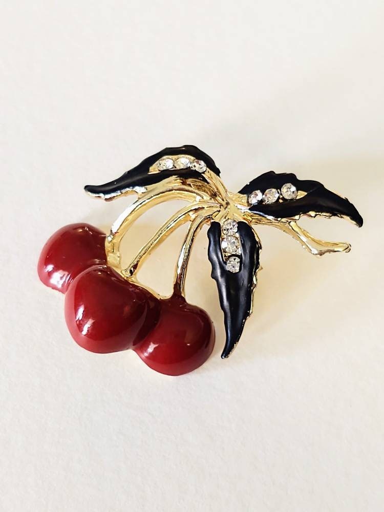 Vintage Mid Century Cherries on A Stem Pin With Black Leaves and ...