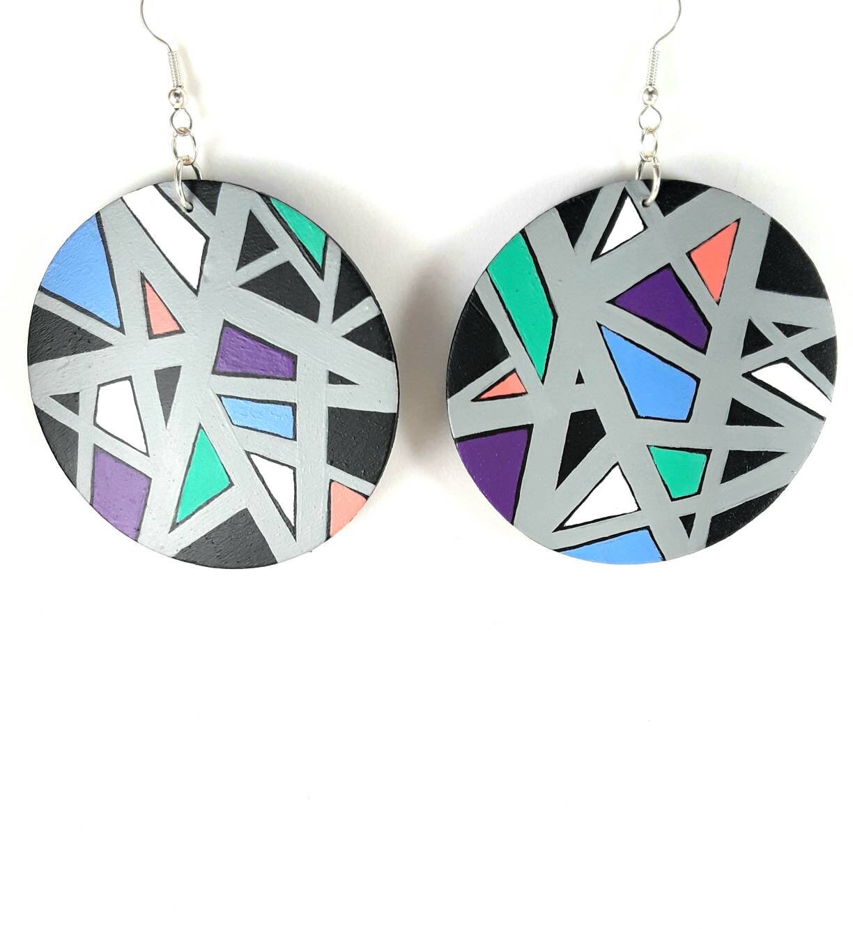 Big 80's New Wave Geometric Catwalk Couture Glam Hand Painted Earrings ...