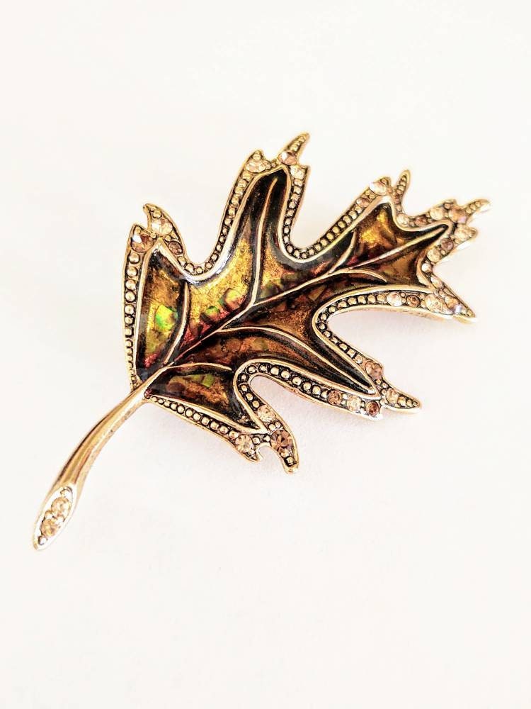 Vintage Enameled Autumn Oak Leaf Brooch With Crystal | Etsy
