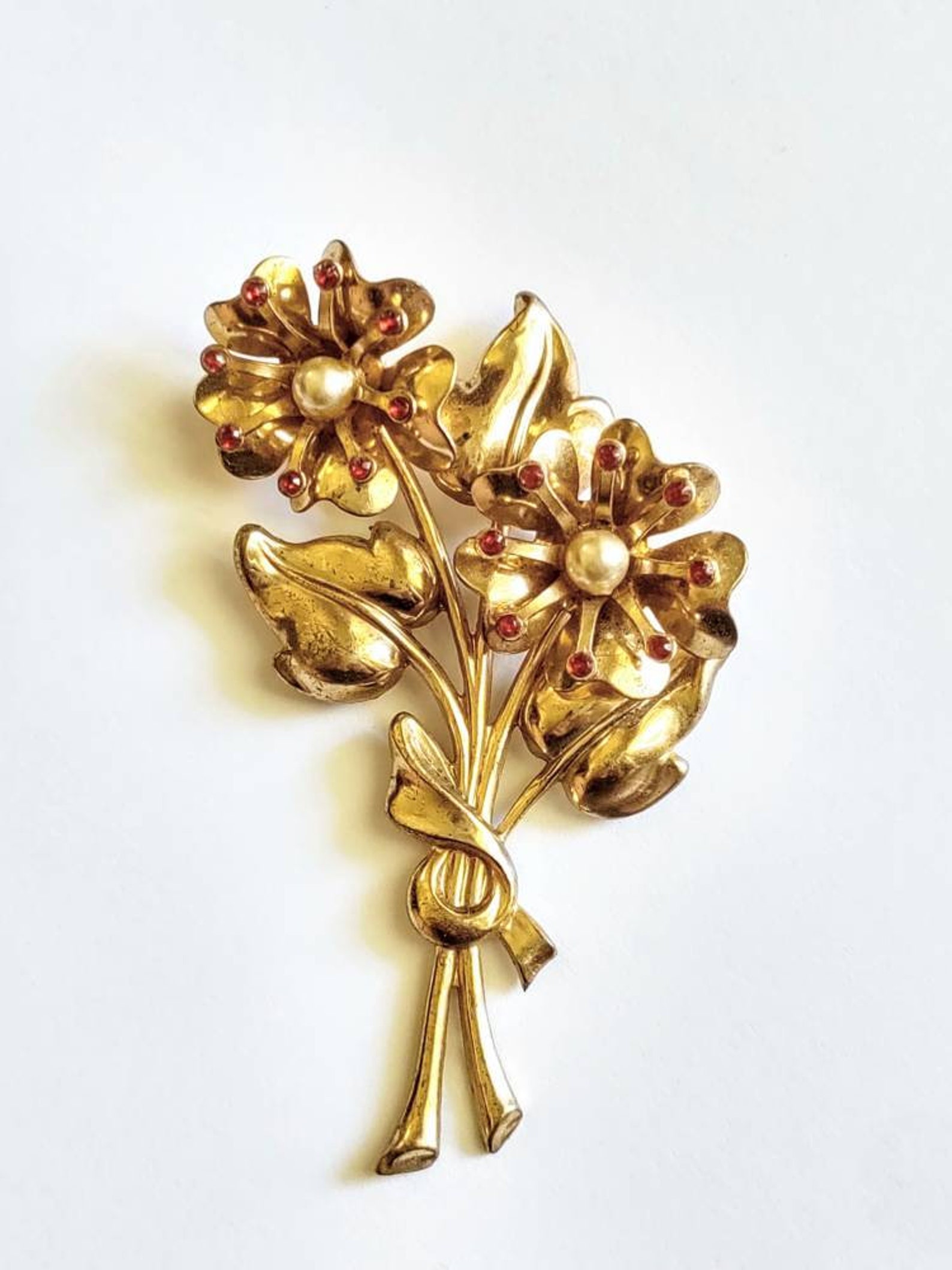 1940s Vintage Coro Gold Metal Large Floral Bouquet Brooch With Red ...