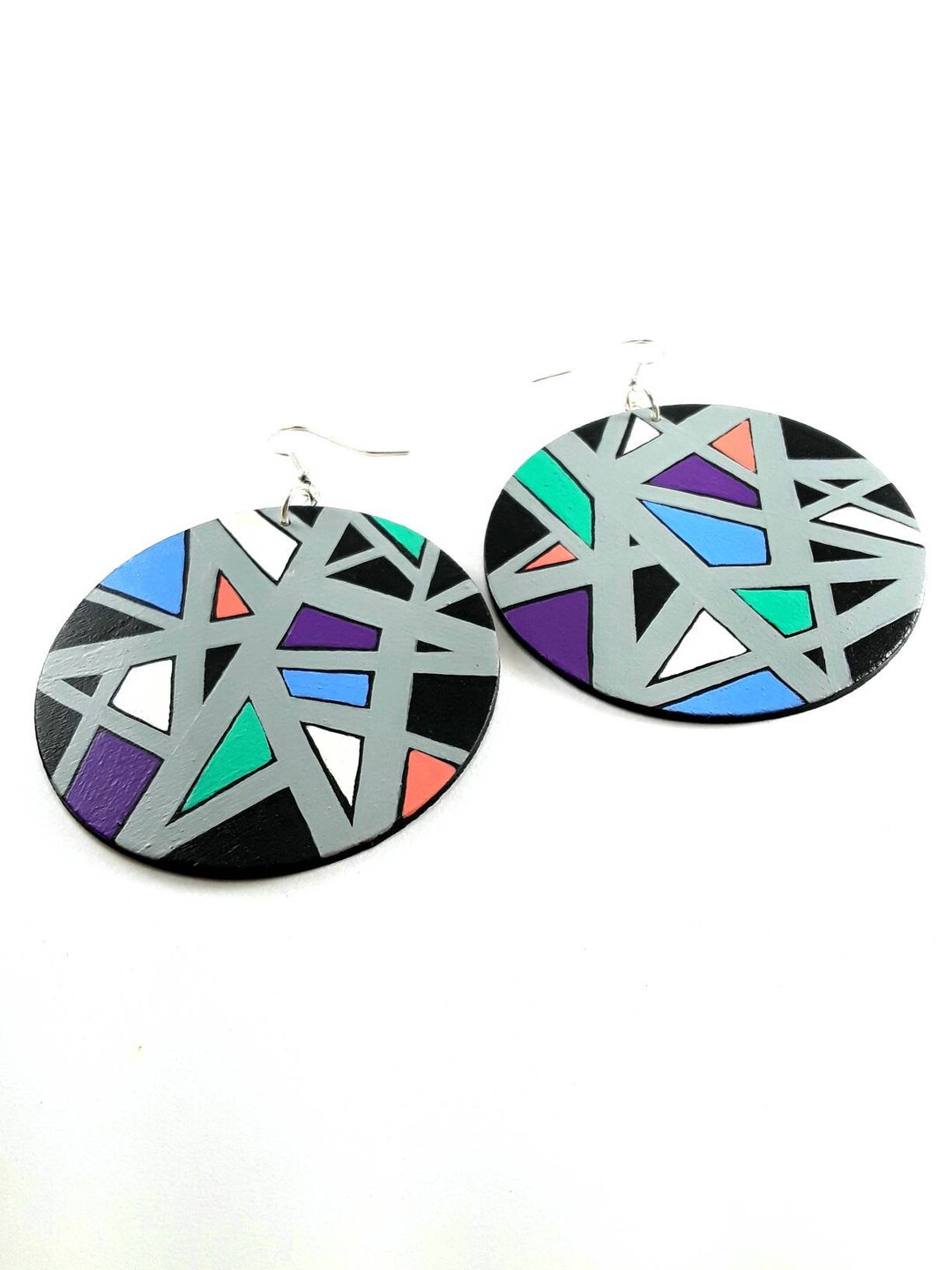 Big 80's New Wave Geometric Catwalk Couture Glam Hand Painted Earrings ...