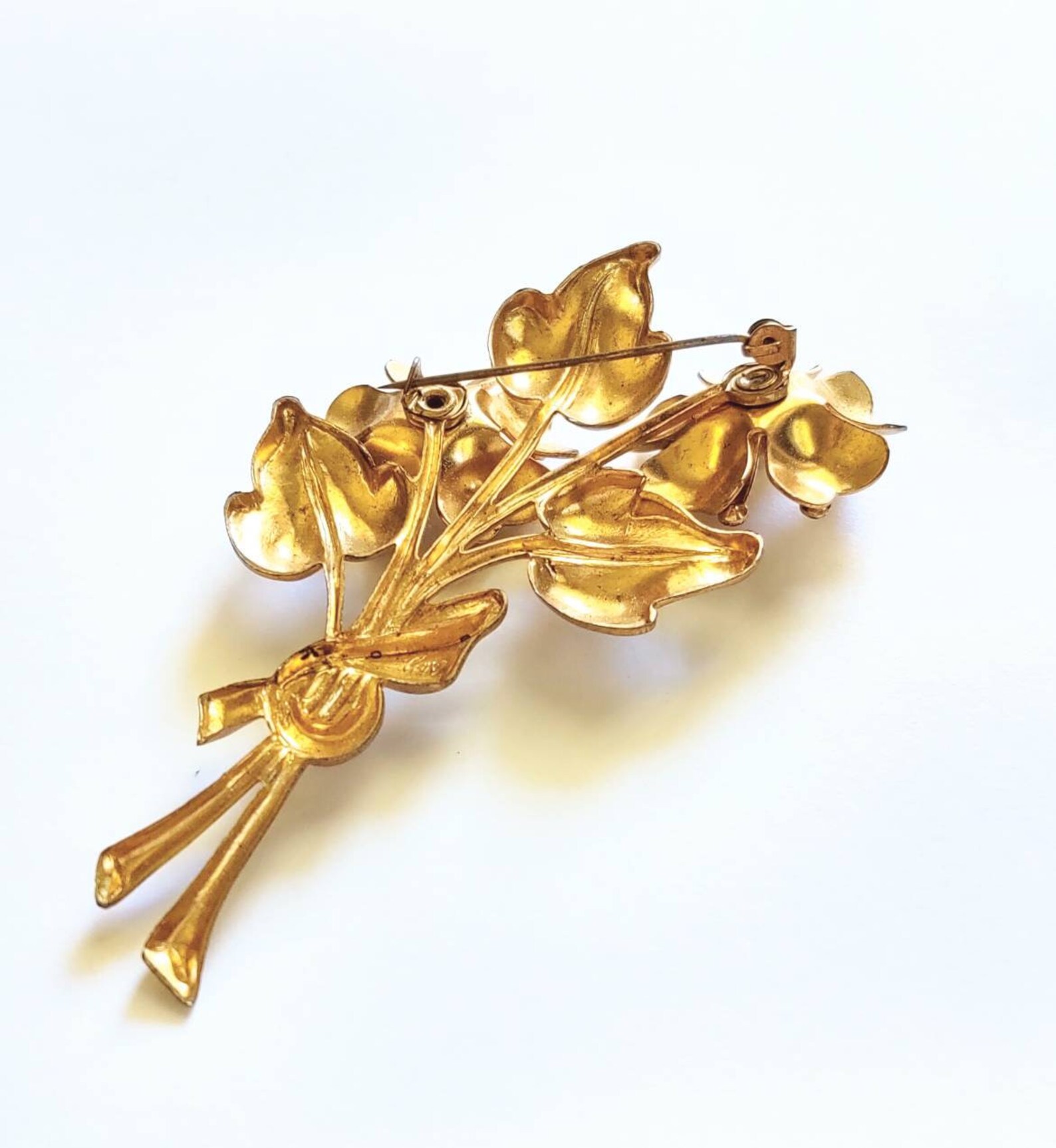 1940s Vintage Coro Gold Metal Large Floral Bouquet Brooch With Red ...