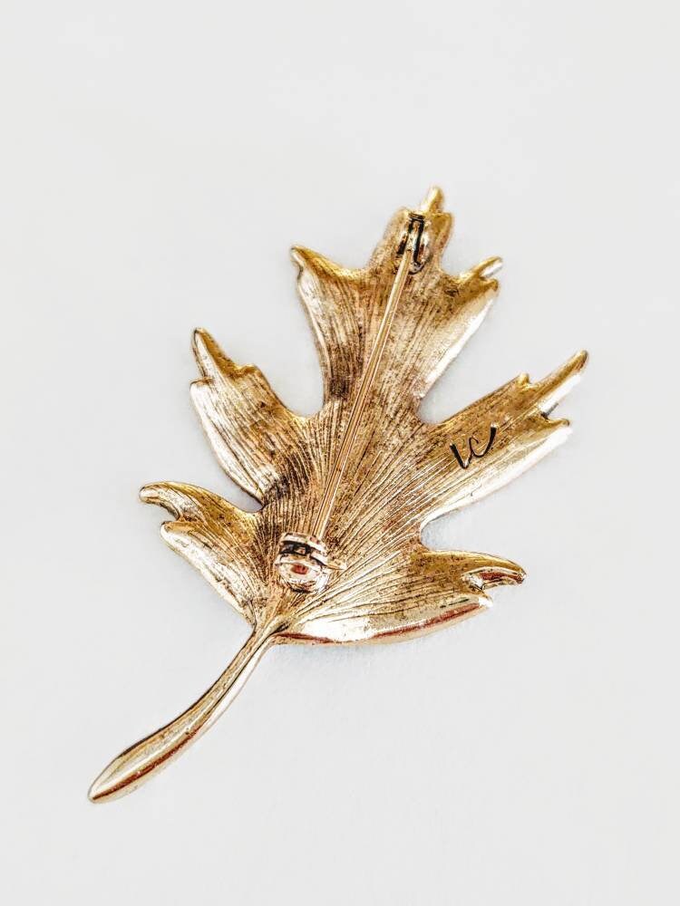 Vintage Enameled Autumn Oak Leaf Brooch With Crystal | Etsy