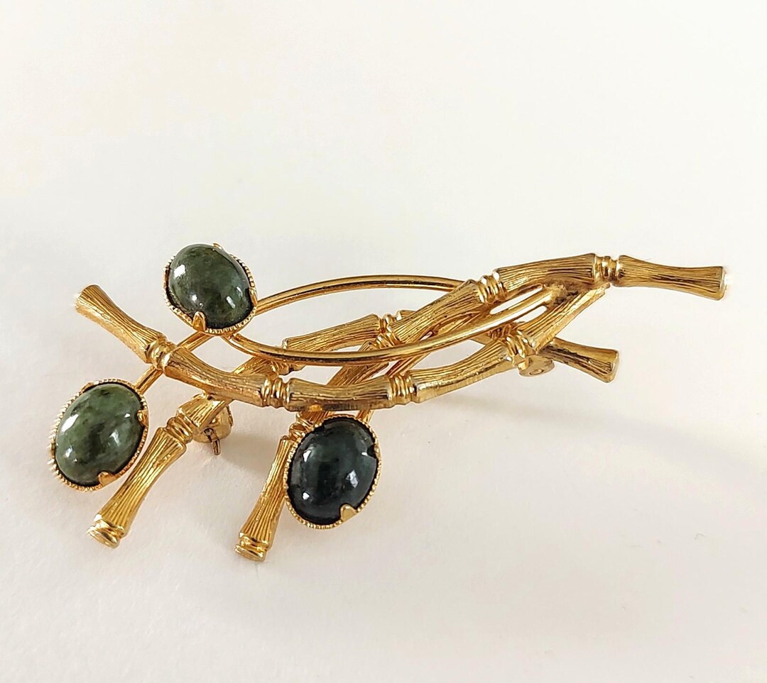 Vintage Winard 12K Gold Filled Nephrite Jade Cabochon Bamboo Branch ...