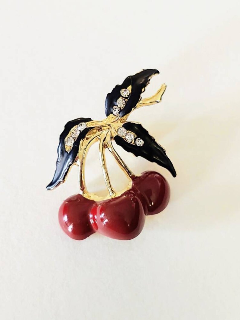 Vintage Mid Century Cherries on A Stem Pin With Black Leaves and ...