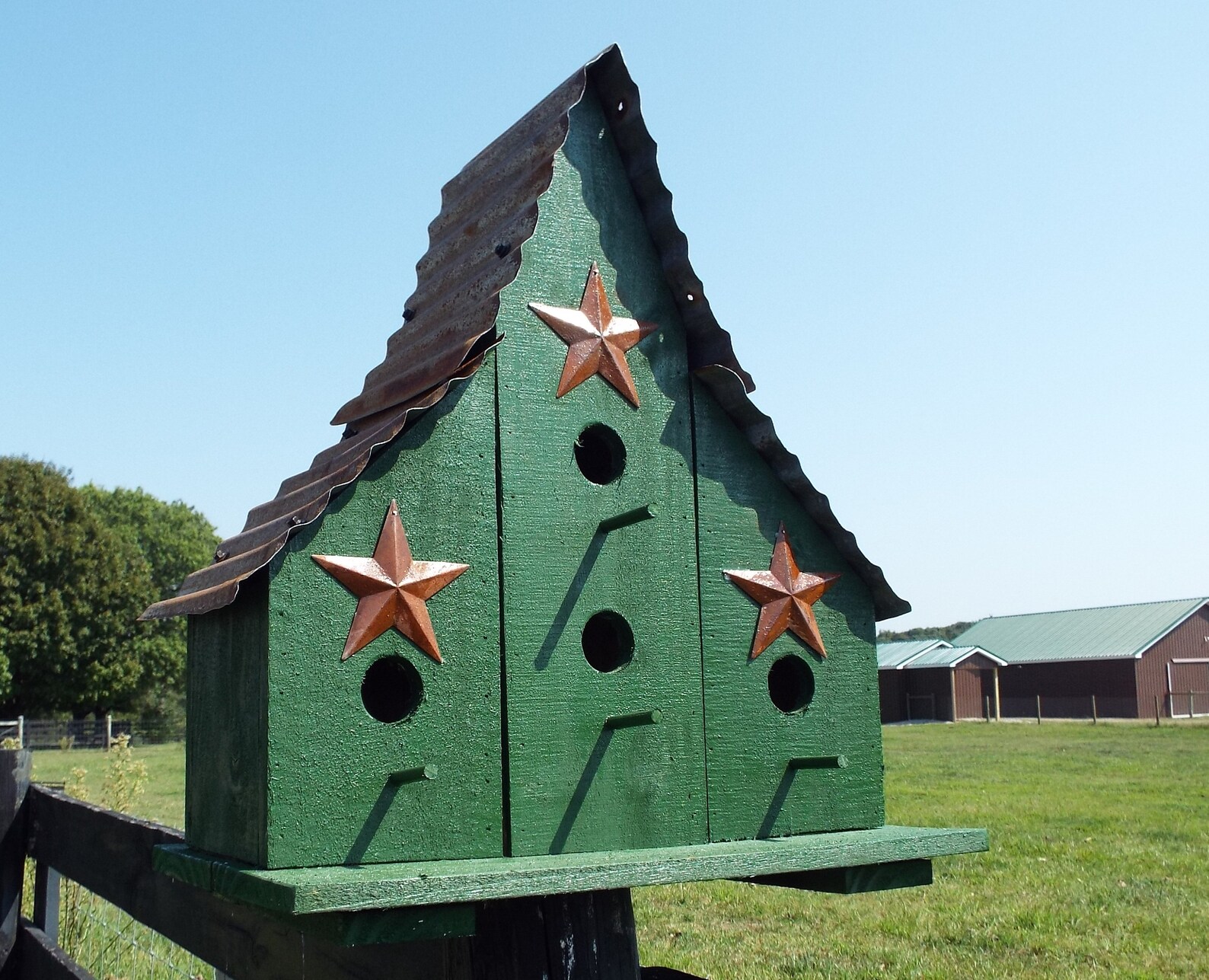 Large Outdoor Triple Bird House Green Brown Barn Style Blue Bird Condo ...