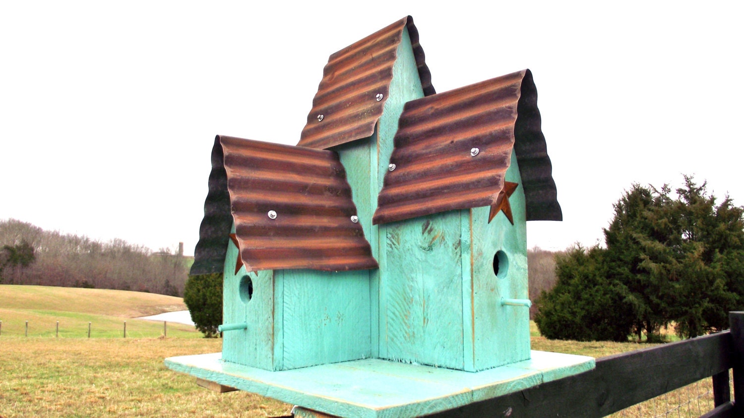 Bird House Turquoise Blue LARGE Triple Bird House Metal Roof | Etsy