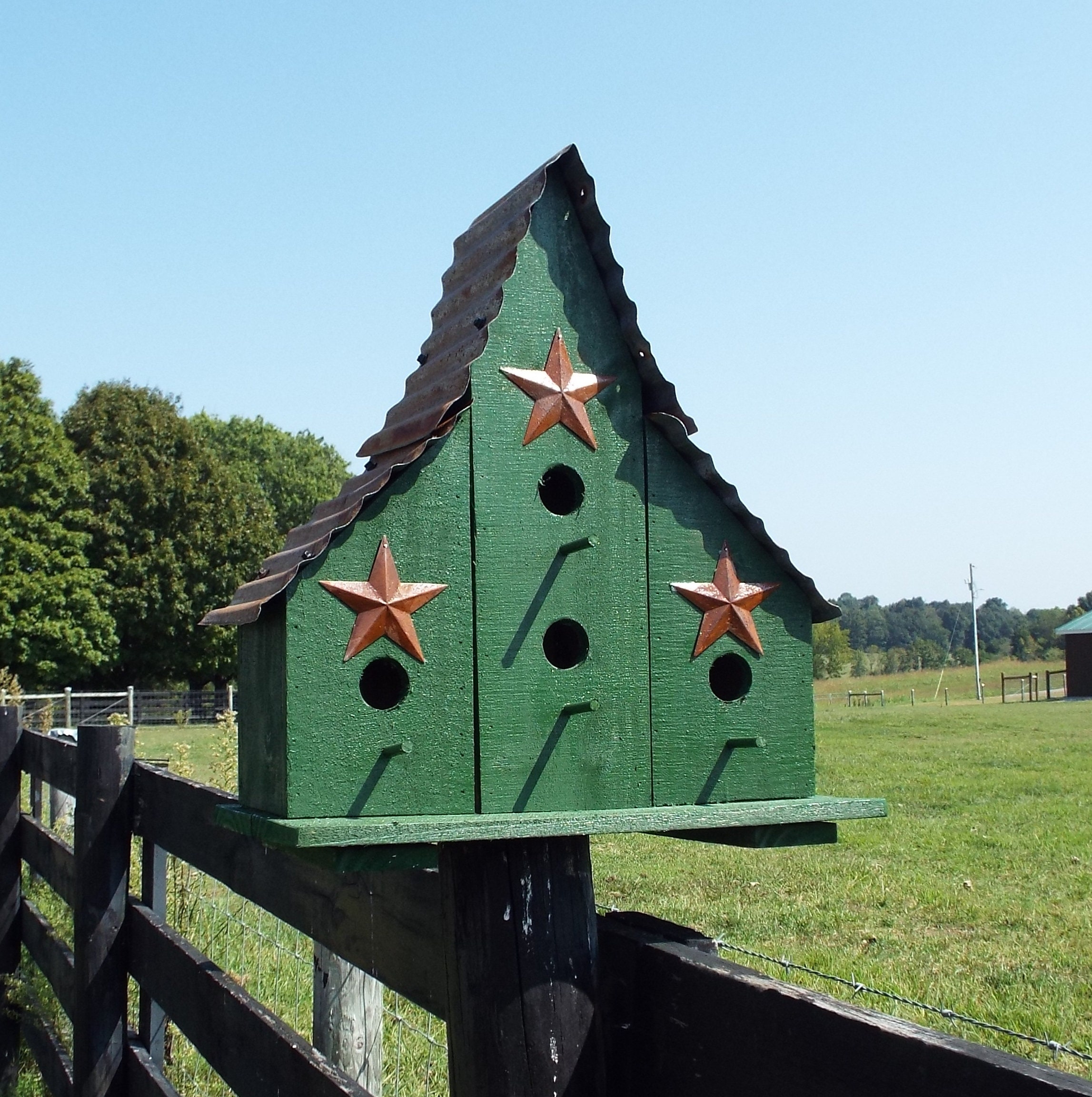 Large Outdoor Triple Bird House Green Brown Barn Style Blue Bird Condo ...