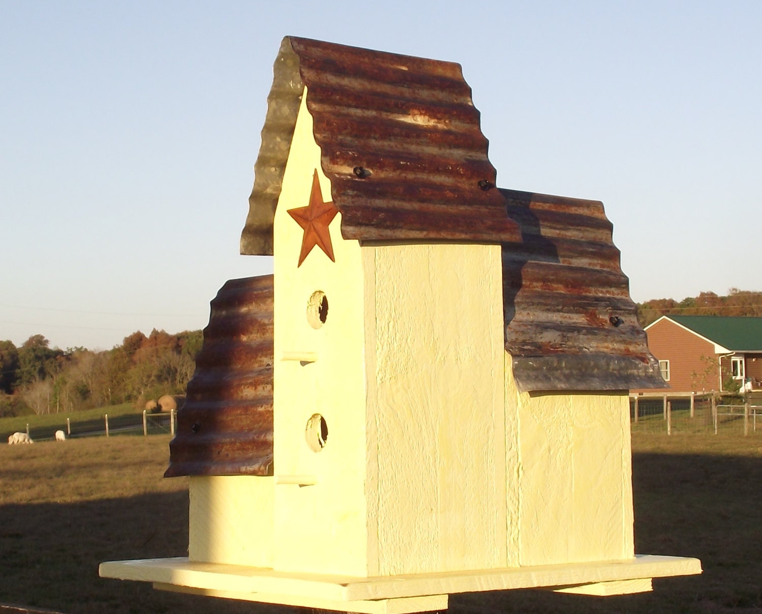Bird House LARGE Outdoor Bird House Yellow Triple Bird House Metal Roof ...