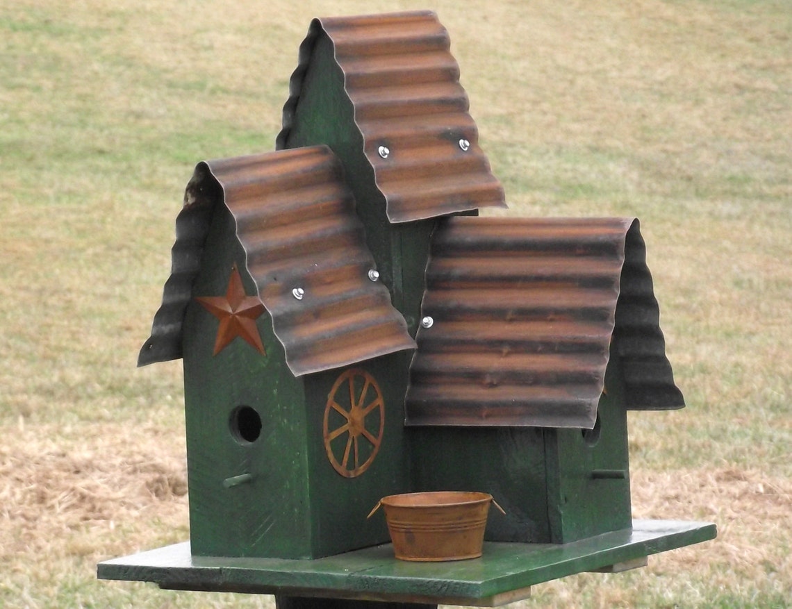 LARGE Bird House Green Triple Barn Style Bird House Hand Made Oil ...