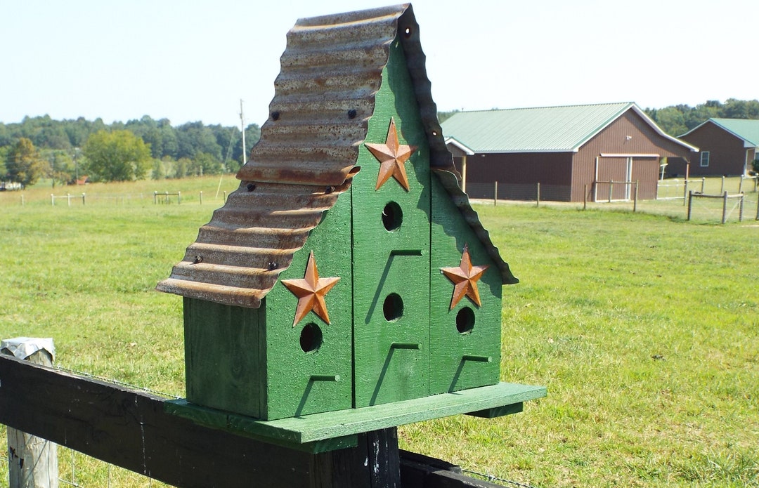 Large Outdoor Triple Bird House Green Brown Barn Style Blue Bird Condo ...