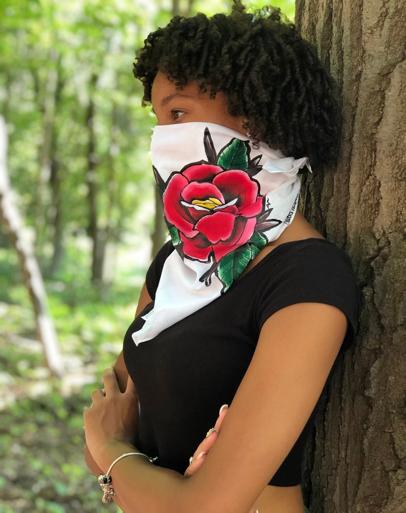 Red Rose Tattoo Face Covering Bandana // Hand Painted // 100% Cotton ...