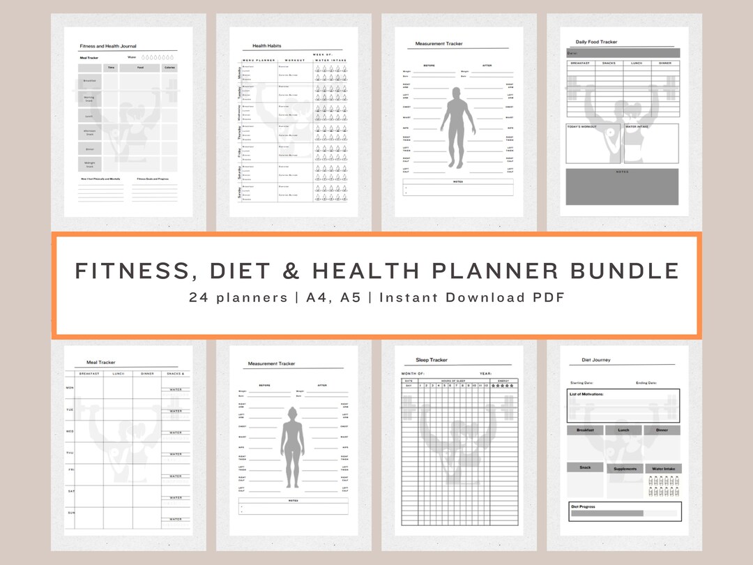 Fitness, Diet & Health Planner Tracker Inserts Bundle, A4 and A5 ...