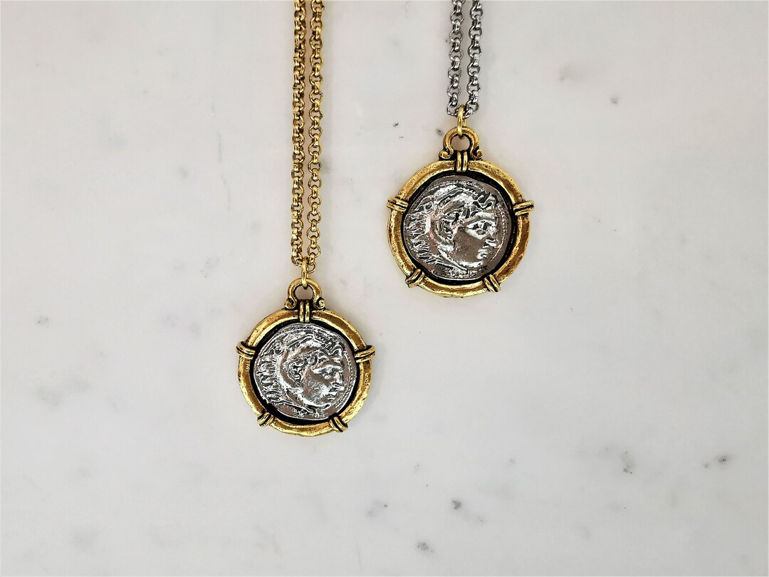 Alexander the Great Silver Coin Necklace, Mens Medallion Pendant ...