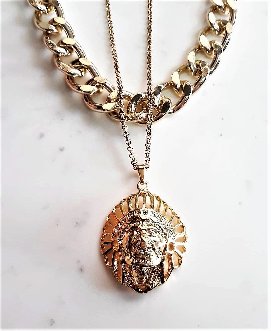 Gold Indian Chief Pendant Necklace: Thick Aluminium Chain Boho Mens ...