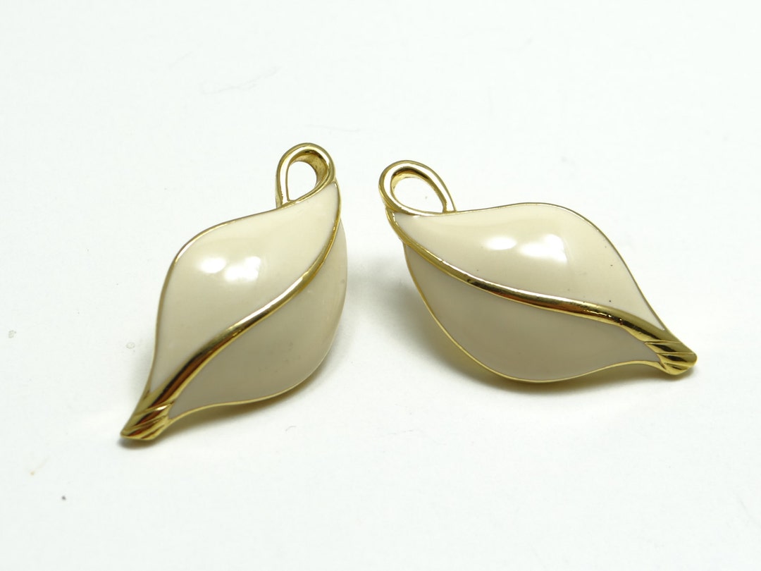 Tifari Earrings, Tifari Gold White Enamel Earrings, Leaf Earrings - Etsy
