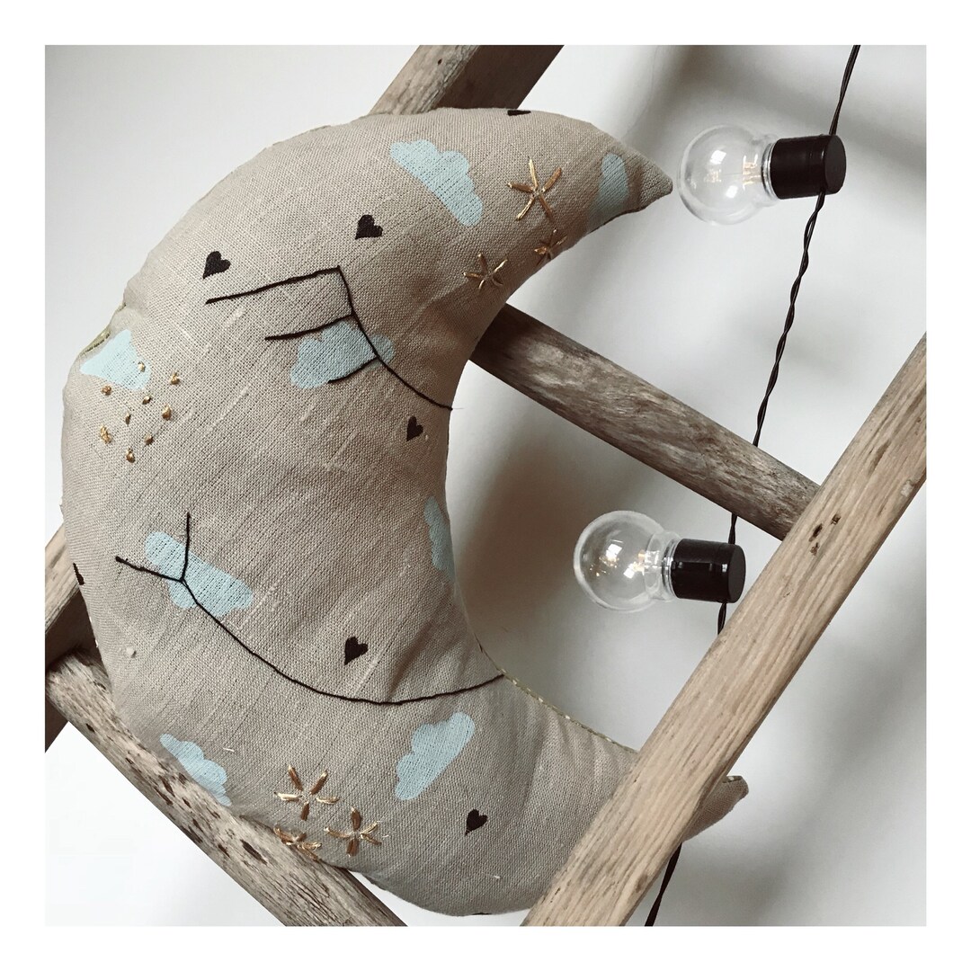 Sleepy Linen Moon Cushion Handprinted and Handstitch. Cloud and Heart ...