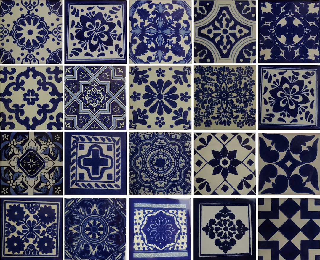 100 CERAMIC TILES Blue & White Desings Mexican Handmade Talavera Tile ...