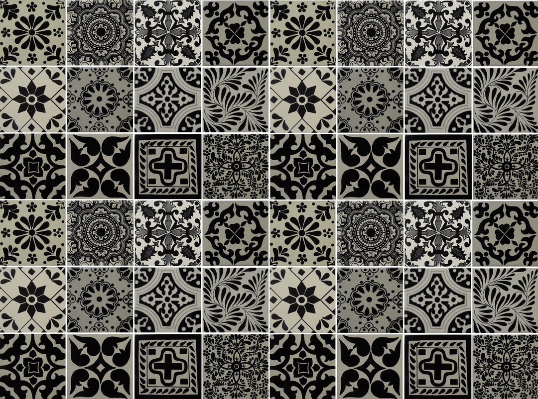 100 CERAMIC TILES Black & White Designs Mexican Tile Handmade Talavera ...