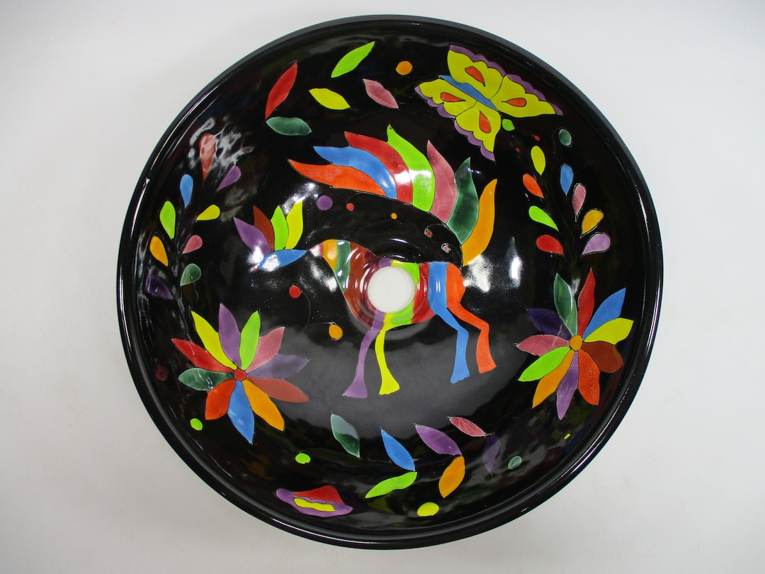 15" Round TALAVERA VESSEL SINK Mexican Handmade Ceramic Bathroom Basin ...