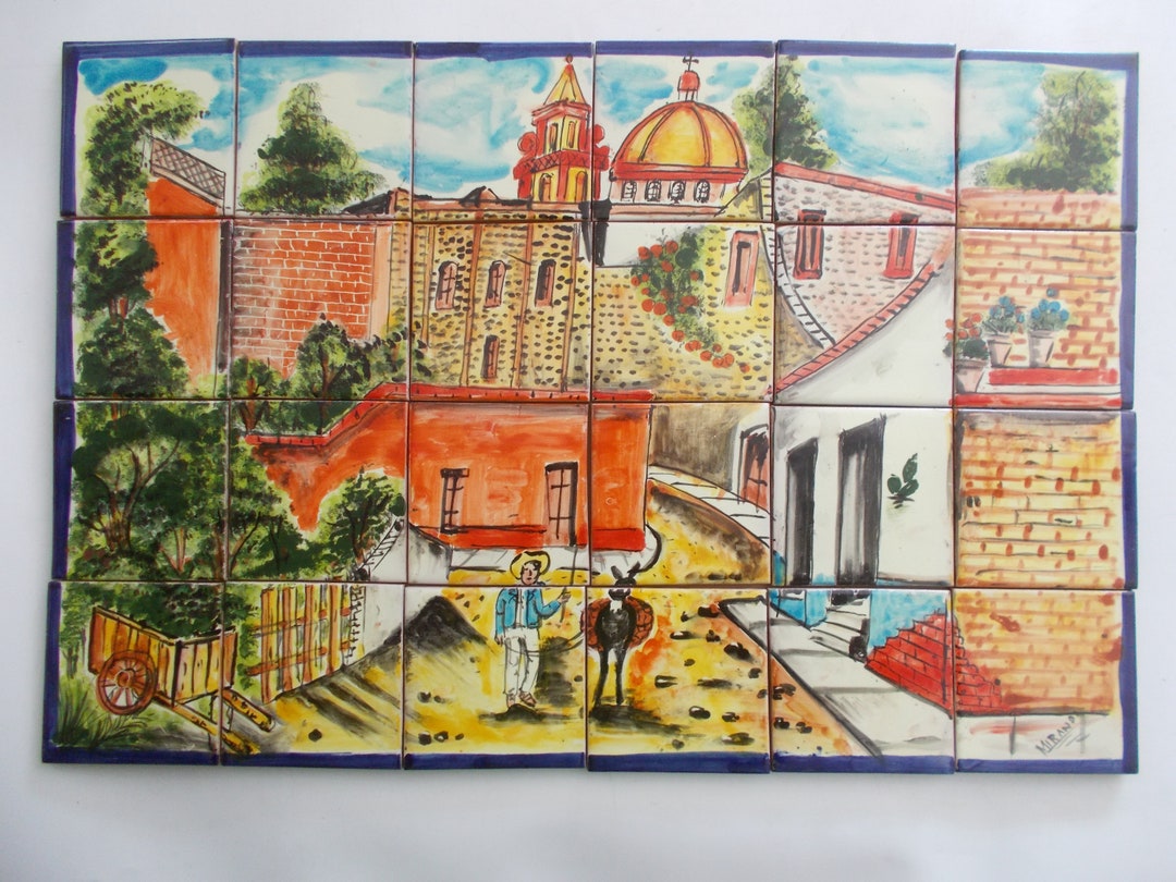 25" CERAMIC TILE MURAL Mexican Talavera Mosaic Hand Painted Clay ...