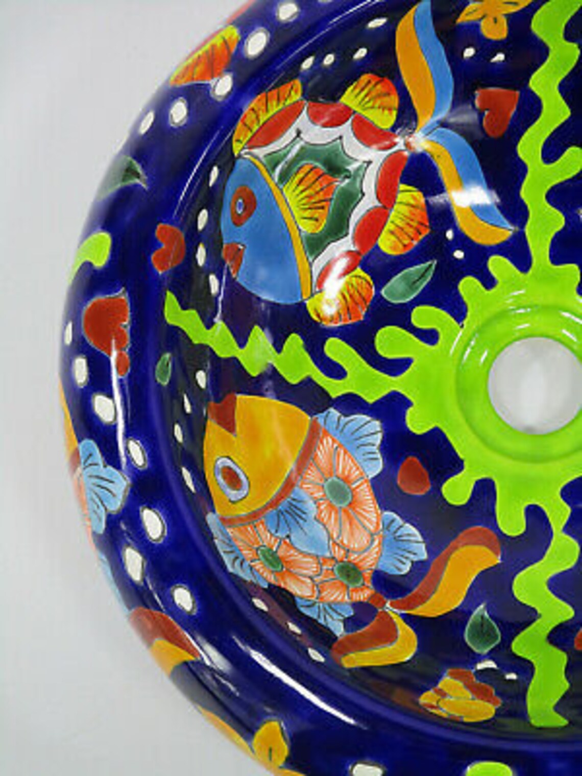 15" ROUND TALAVERA SINK Mexican Bathroom Handmade Folk Art Ceramic ...