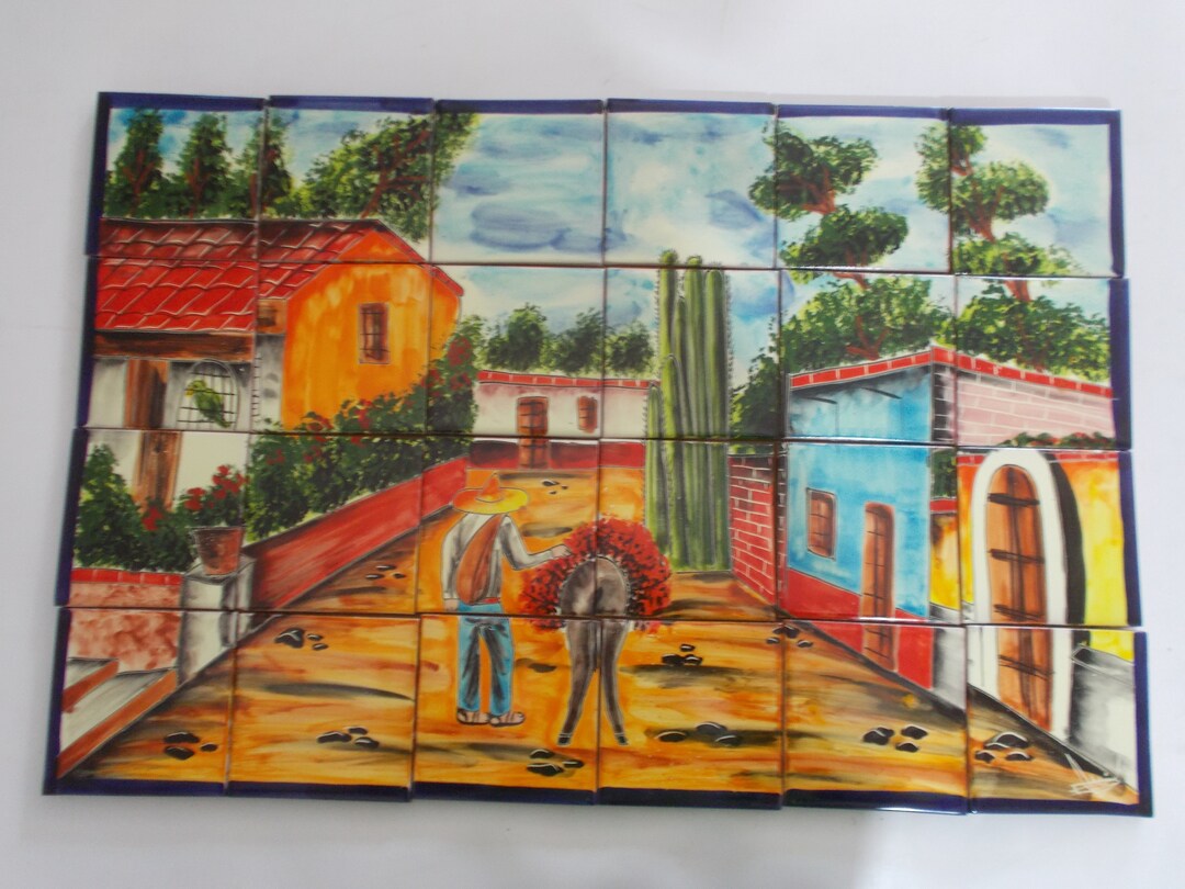 25" CERAMIC TILE MURAL Mexican Talavera Mosaic Hand Painted Clay ...