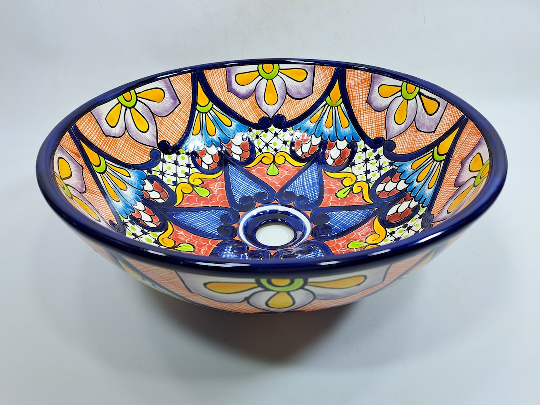 15" Round TALAVERA VESSEL SINK Mexican Handmade Ceramic Bathroom Basin ...