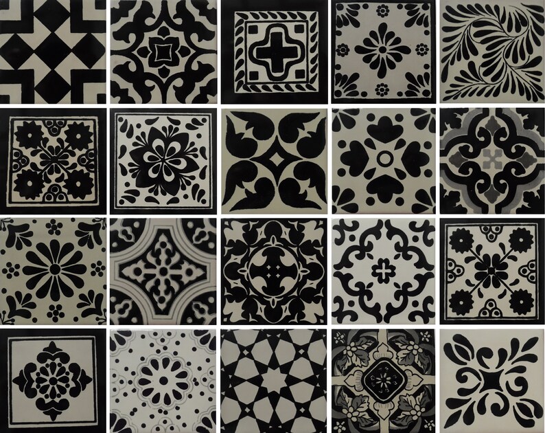 100 CERAMIC TILES Black & White Desings Mexican Handmade Talavera Tile ...
