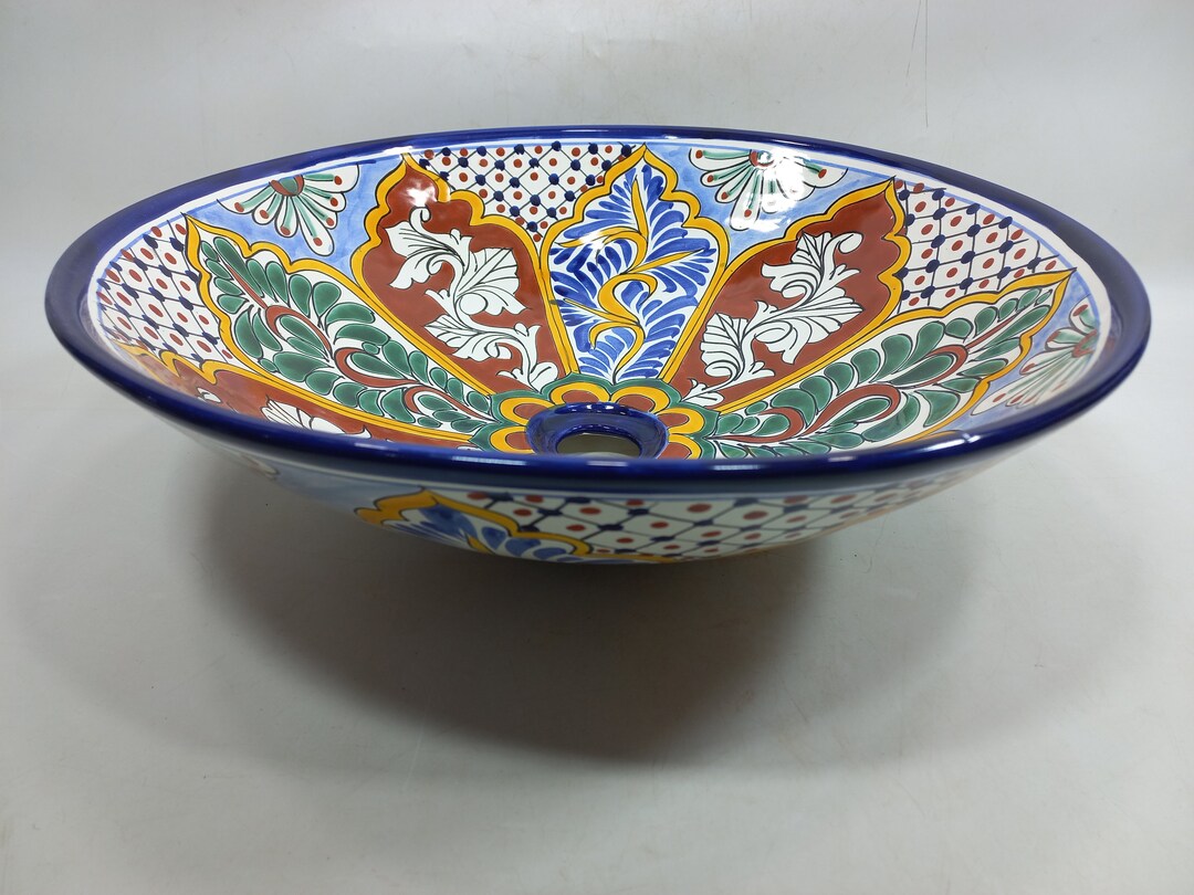 17" Round TALAVERA VESSEL SINK Mexican Handmade Ceramic Bathroom Basin ...