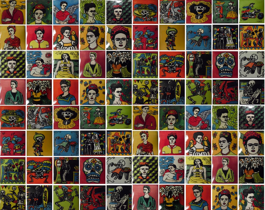 100 CERAMIC TILES Frida & Day of the Dead Theme, Mexican Handmade Tile ...