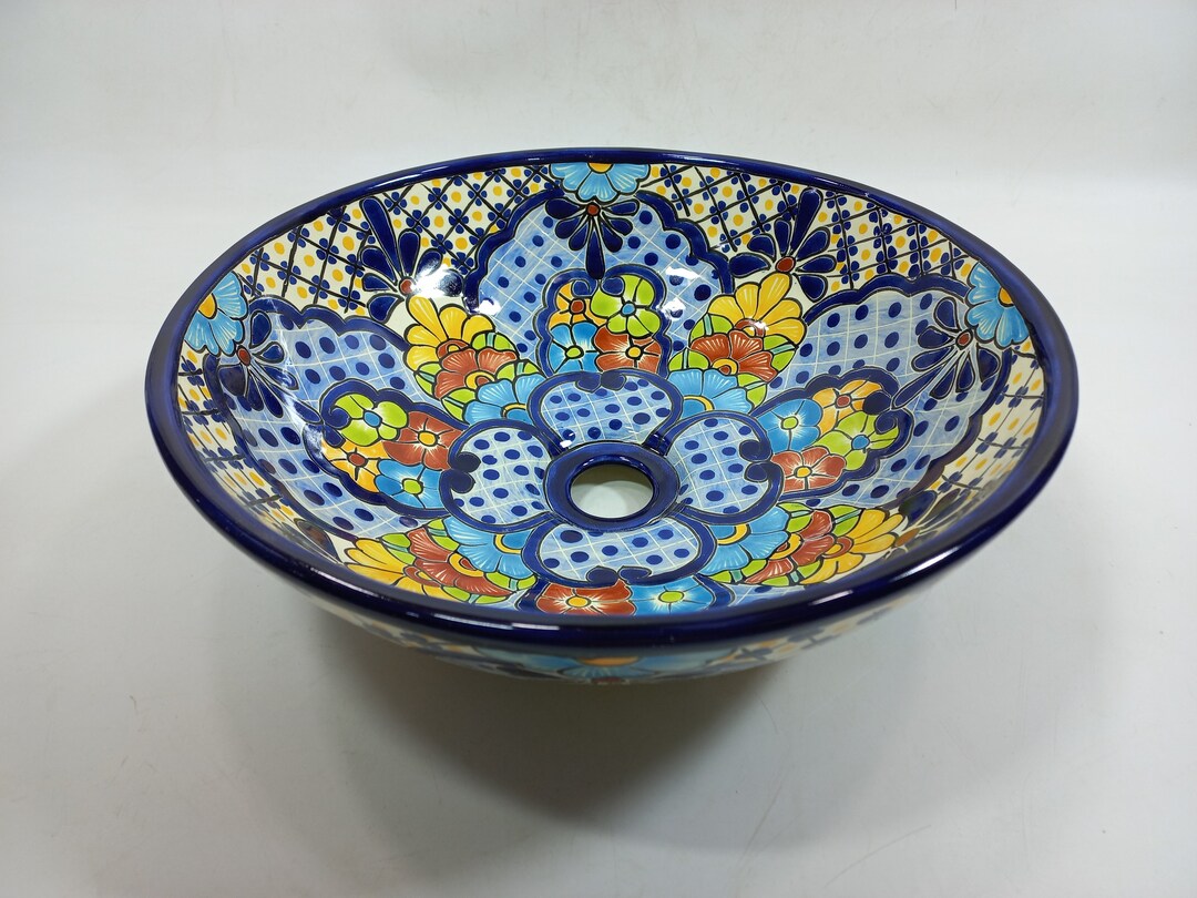 14" Round TALAVERA VESSEL SINK Mexican Handmade Ceramic Bathroom Basin ...