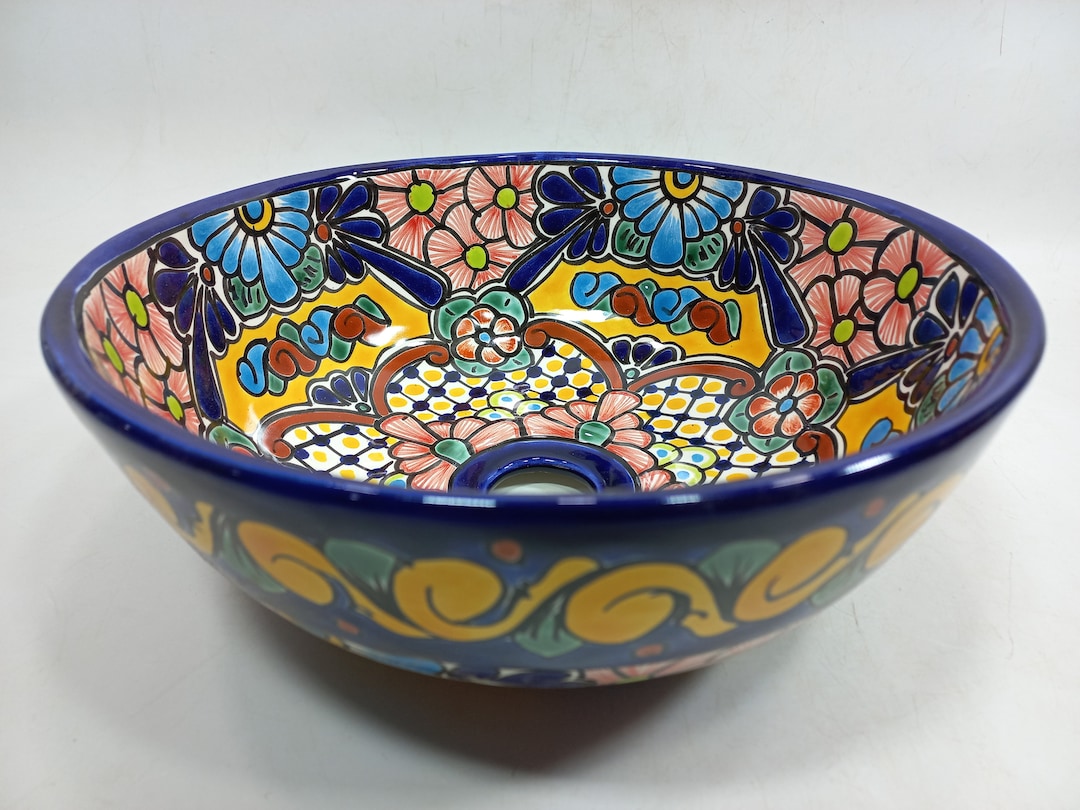 10" ROUND TALAVERA SINK, Vessel Mexican Bathroom Sink Handmade Folk Art ...